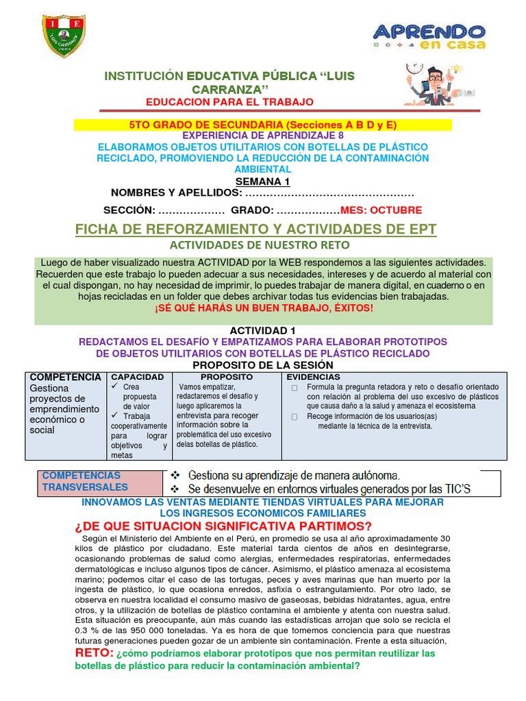 5TO FICHA DE EPT - EA 8 Sem 1 | PDF | El plastico | Evaluación