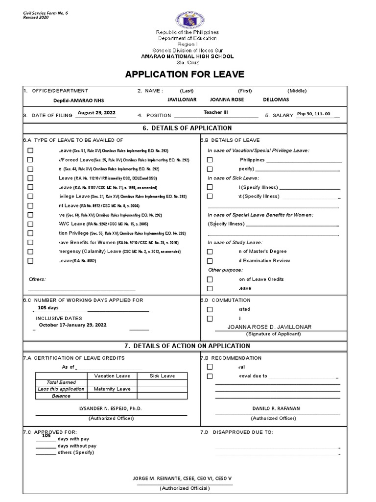 CSC Form No. 6A Leave Application | PDF | Parental Leave | Employment