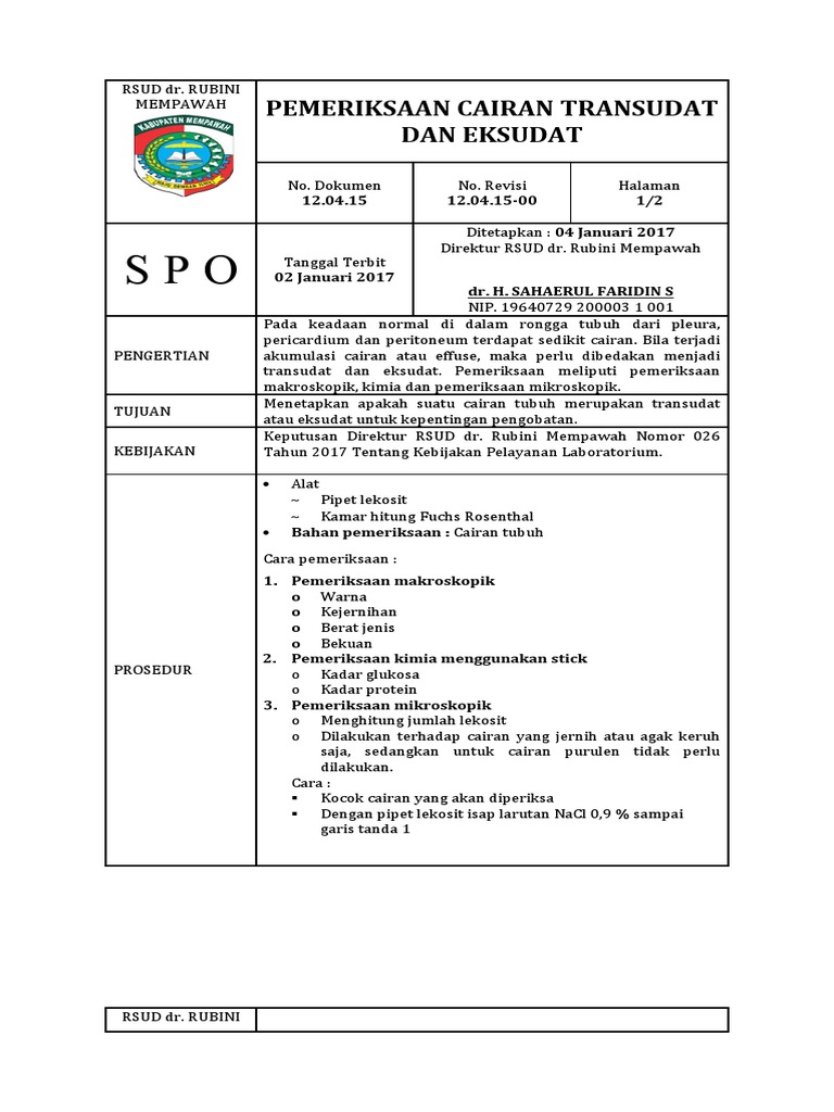 15-SPO Pemeriksaan Cairan Transudat Eksudat | PDF