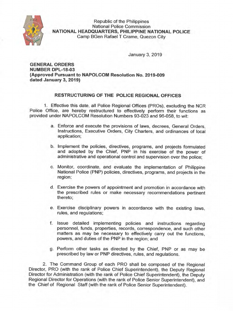 NHQ-PNP General Orders No. DPL-18-03 PRO 9 | PDF