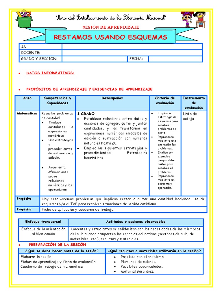 1° E7 S3 Sesion D2 Mat Restamos Usando Esquemas | PDF | Evaluación | Aprendizaje
