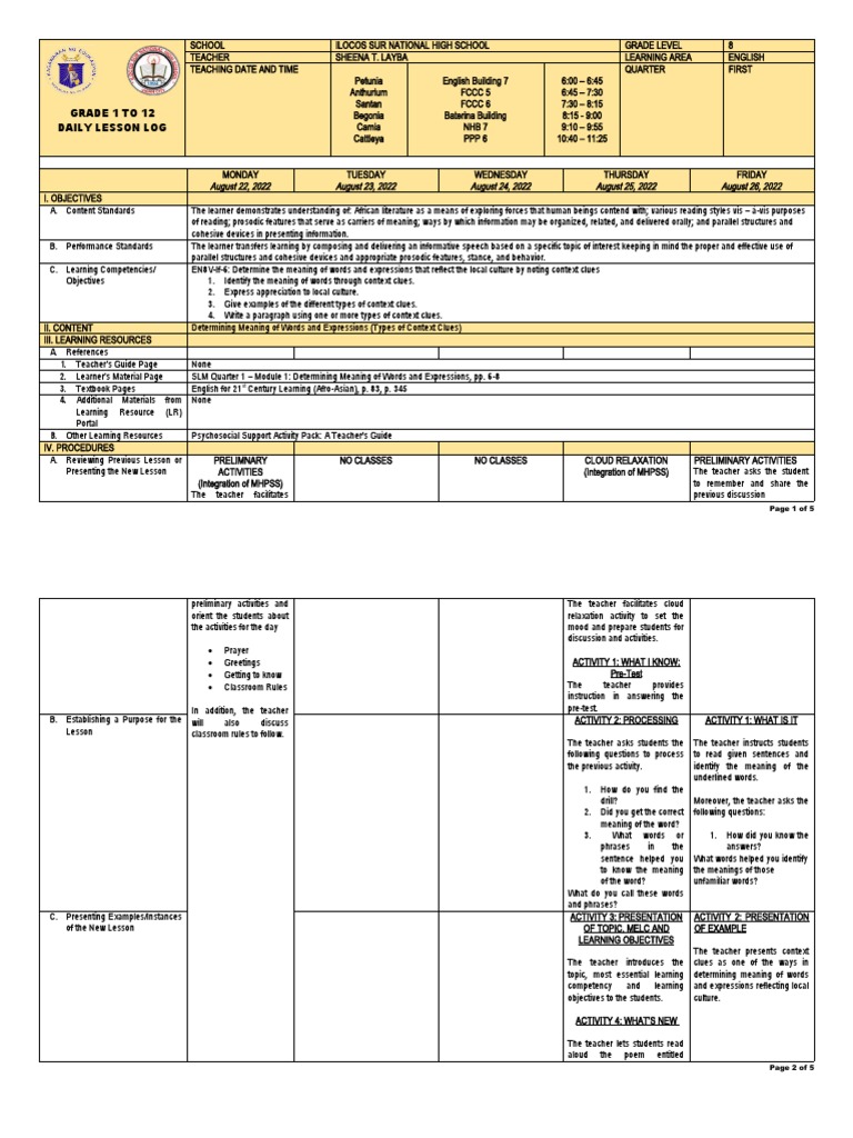 DLL-Q1-W1 - Noting Context Clues | Download Free PDF | Teachers | Learning