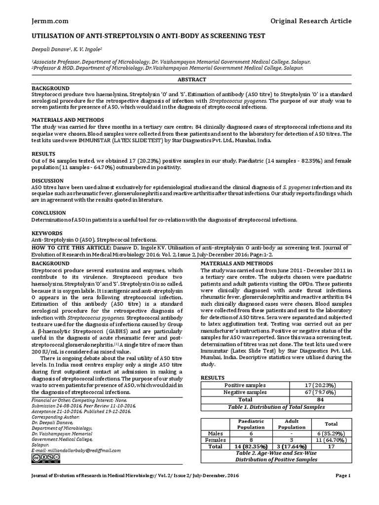 Utilisation of Anti-Streptolysin o Antibody As Screening Test | PDF ...