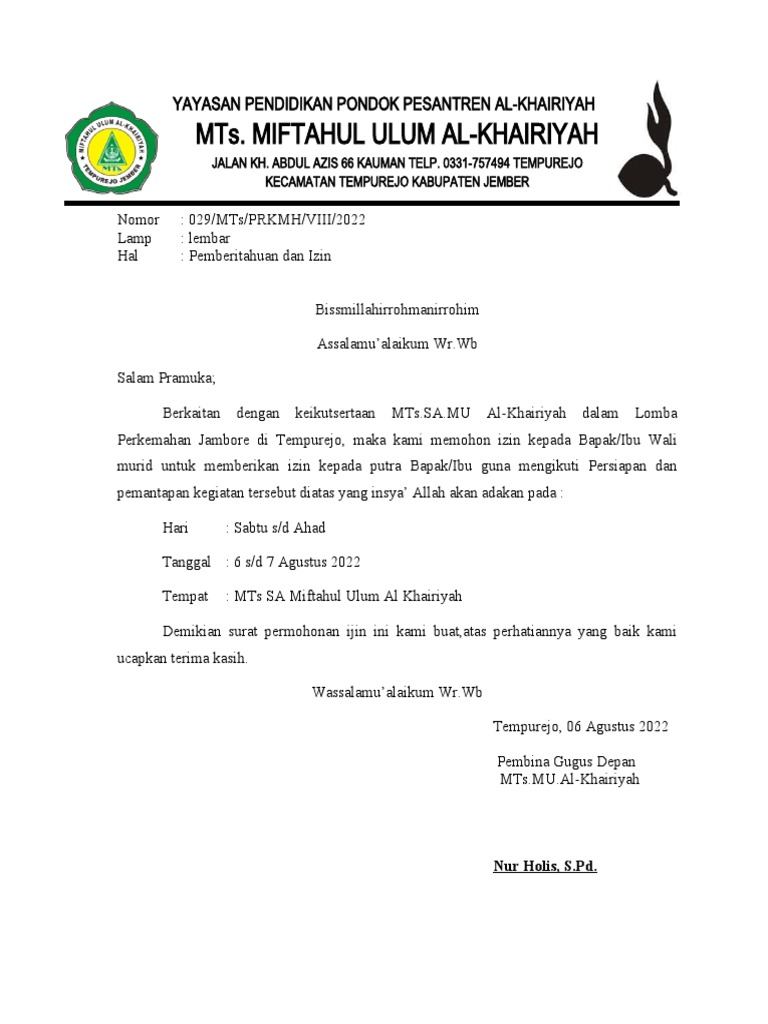 Surat Ijin Wali Murid | PDF