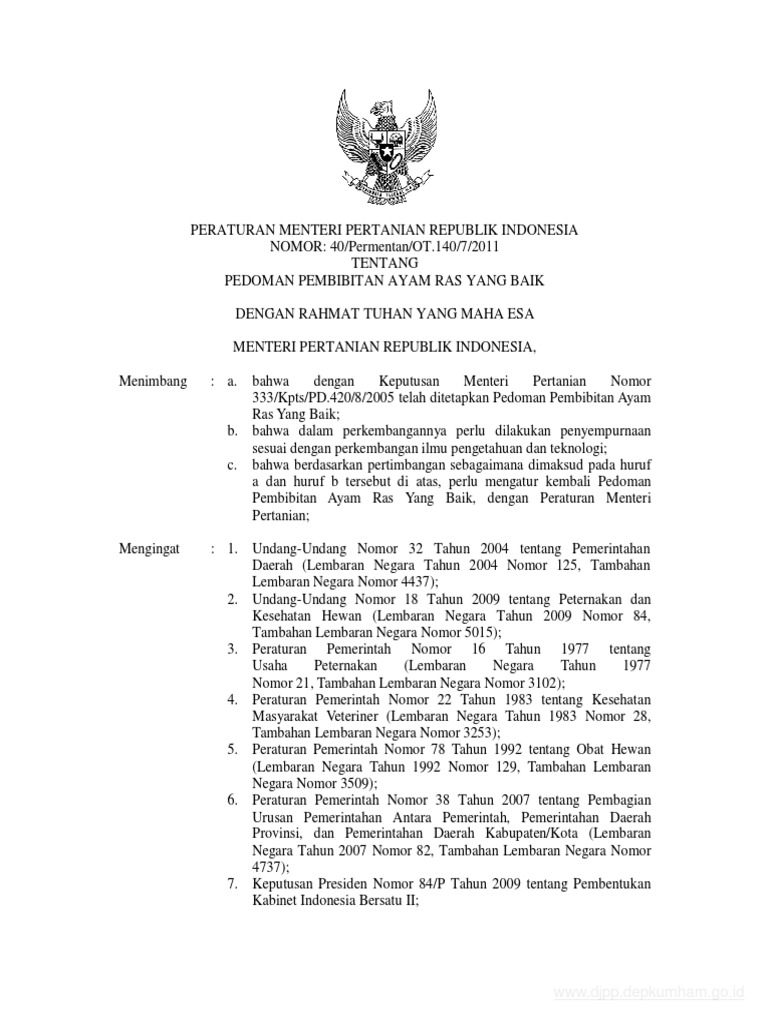 Permentan No 40 - 2011 - PEDOMAN PEMBIBITAN AYAM RAS YANG BAIK | PDF