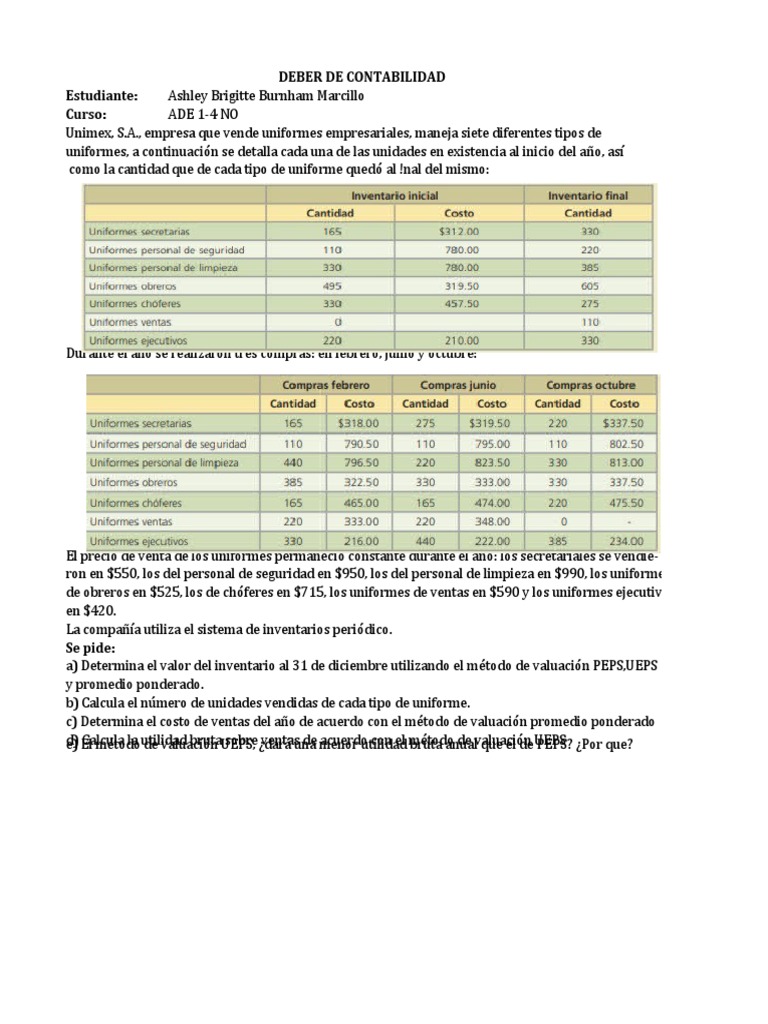 Metodos de Valuación PEPS UEPS Y PROMEDIO Ashley | PDF | Contabilidad ...