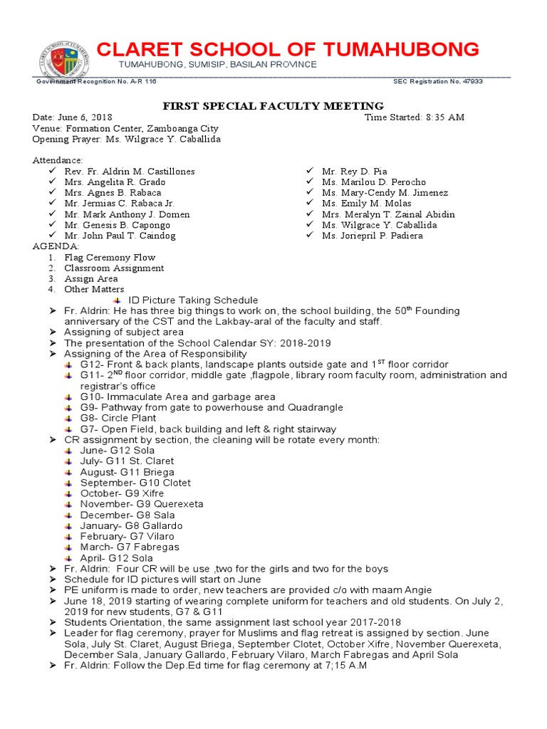 Minutes of The Faculty Meeting Sy - 2018-2019 | PDF | Teachers | Learning