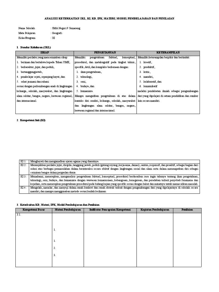 Analisis Keterkaitan SKL, Ki, KD Kelas Xi | PDF