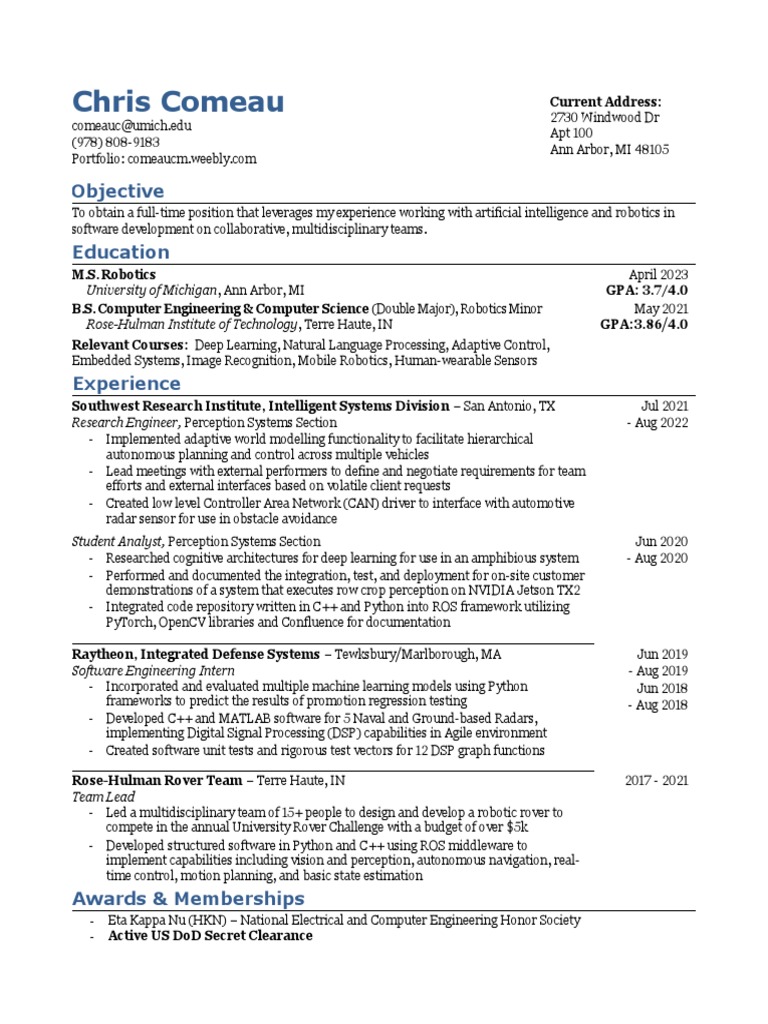 Chris Comeau Resume September 2022 | PDF | Robotics | Computer Vision