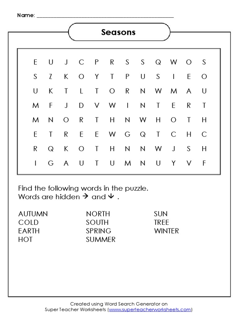 Seasonal Word Search Worksheet | PDF | Word Search | Linguistics