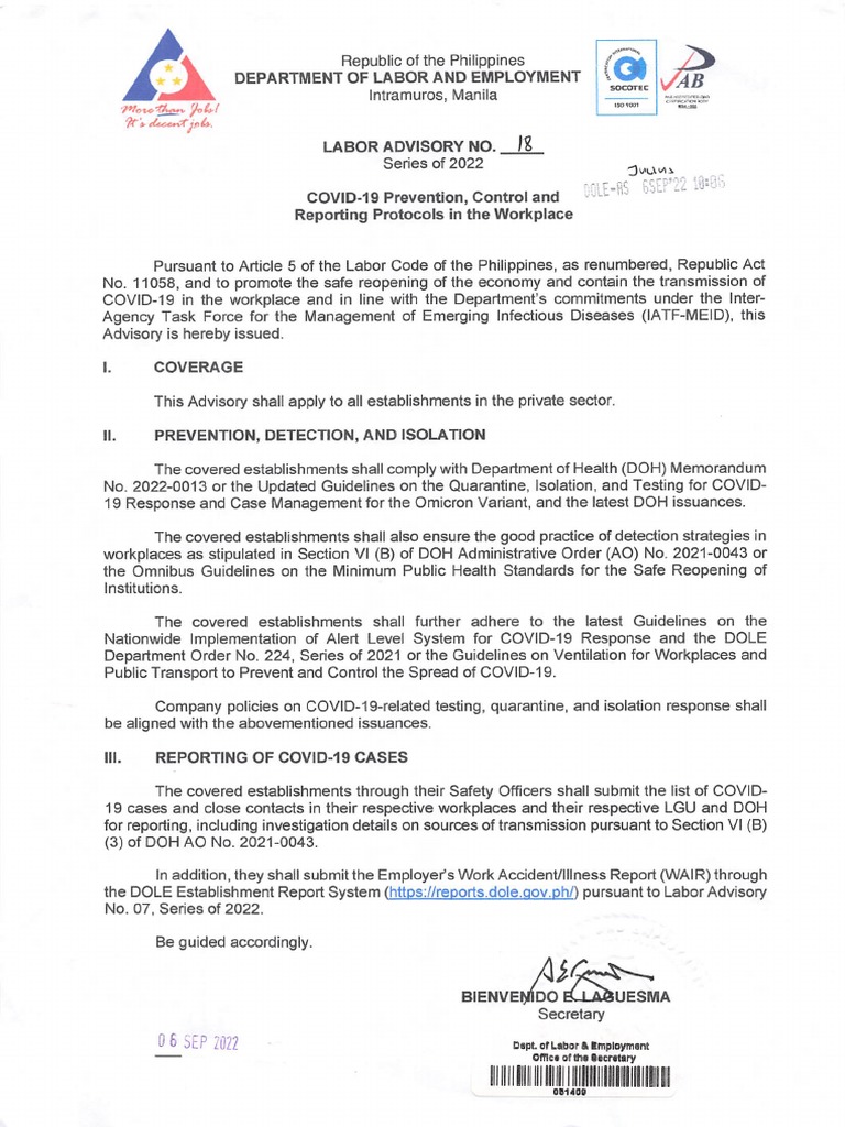 Labor Advisory No. 18, S. 2022 | PDF