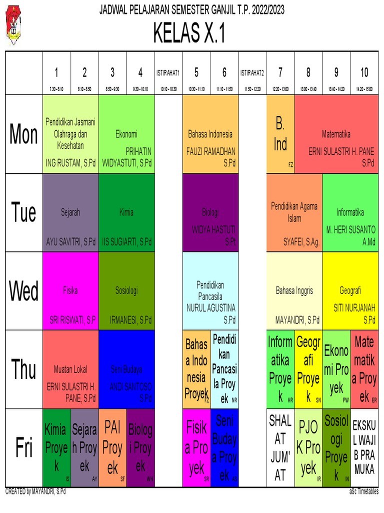 Jadwal Pelajaran Kelas Semester Ganjil Tahun Pelajaran 2022-2023 | PDF