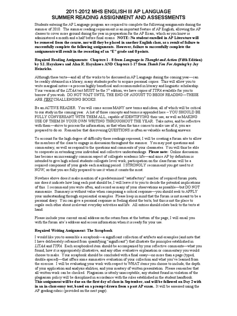 2011-2012 Mhs English Iii Ap Language Summer Reading Assignment and ...