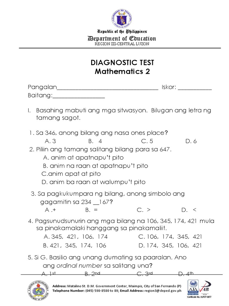 Mathematics 2 Diagnostic Test | PDF
