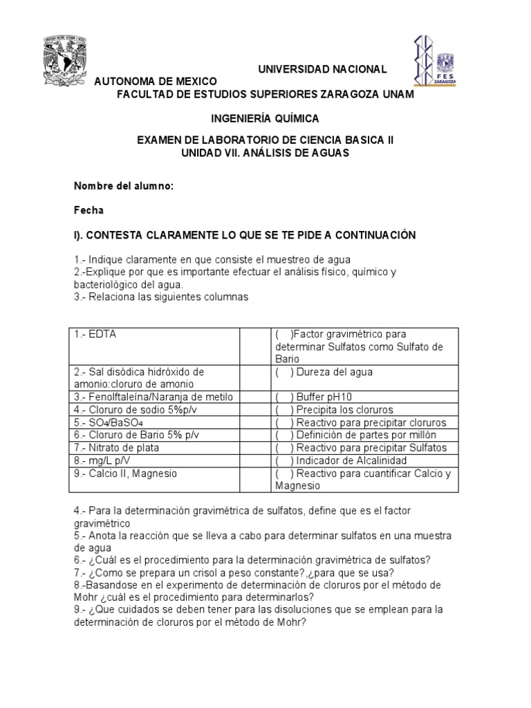 Examen de LCB II. Unidad VII Analisis de Agua | PDF | Precipitación (Química) | Agua