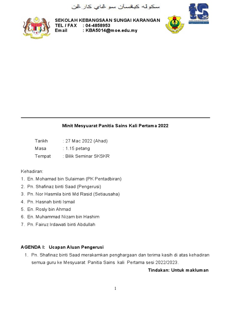 Minit Mesyuarat Panitia Sains Kali 1 2022 - Edited by KP | PDF