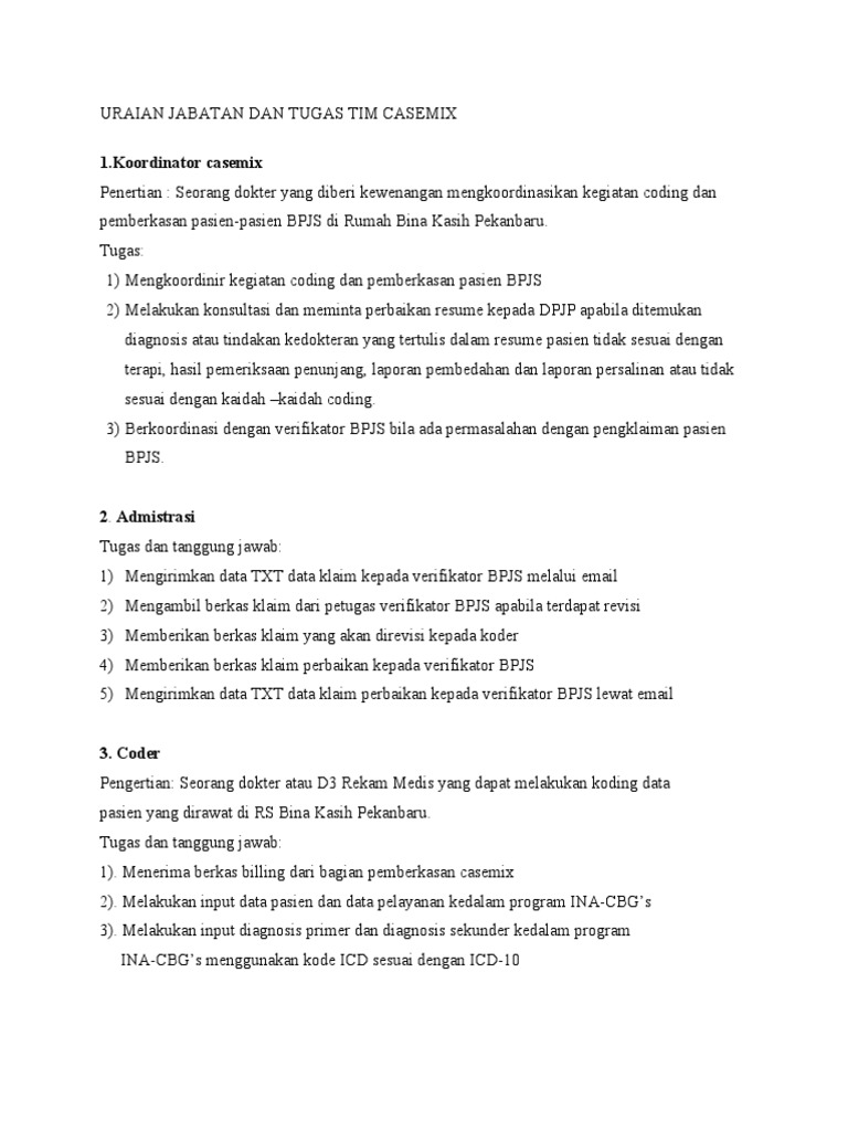Uraian Jabatan Dan Tugas Tim Casemix | PDF