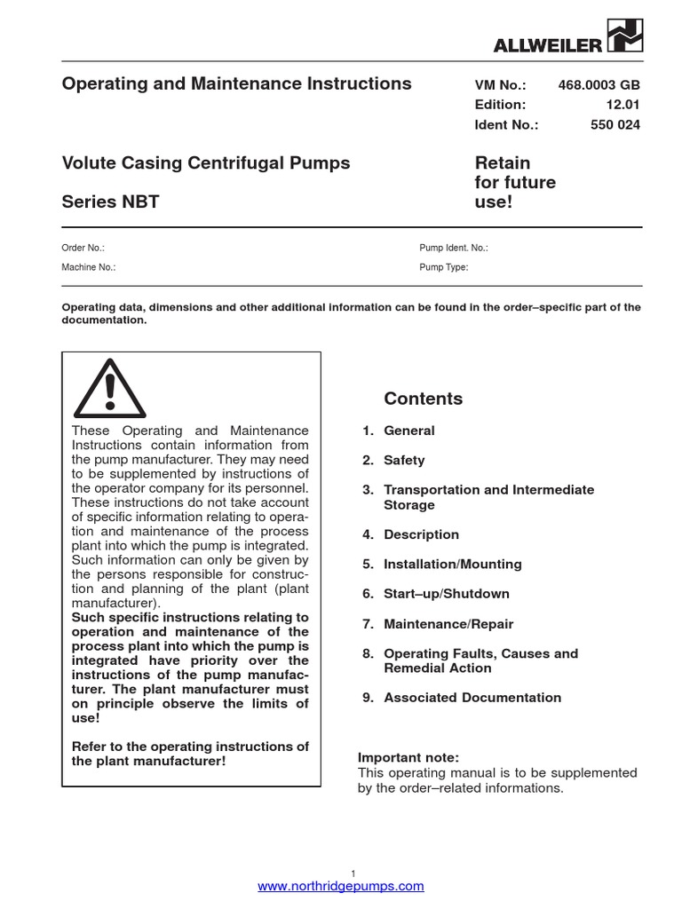 Allweiler NBT Centrifugal Pump English | PDF | Pump | Safety
