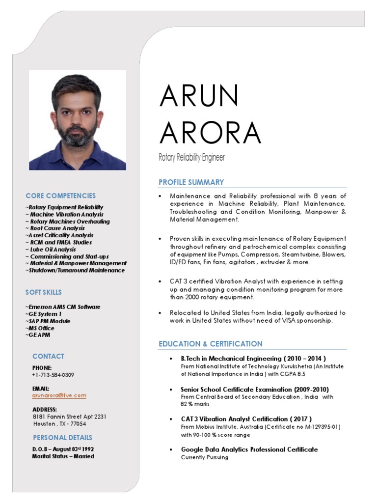 Arun Arora: Rotary Reliability Engineer Resume | PDF | Bearing ...
