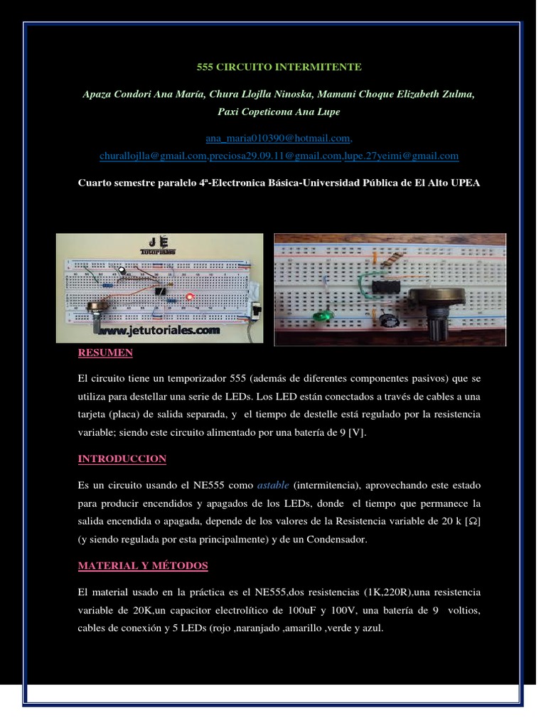555 Circuito Intermitente | PDF | Diodo emisor de luz | Resistencia Eléctrica y Conductancia