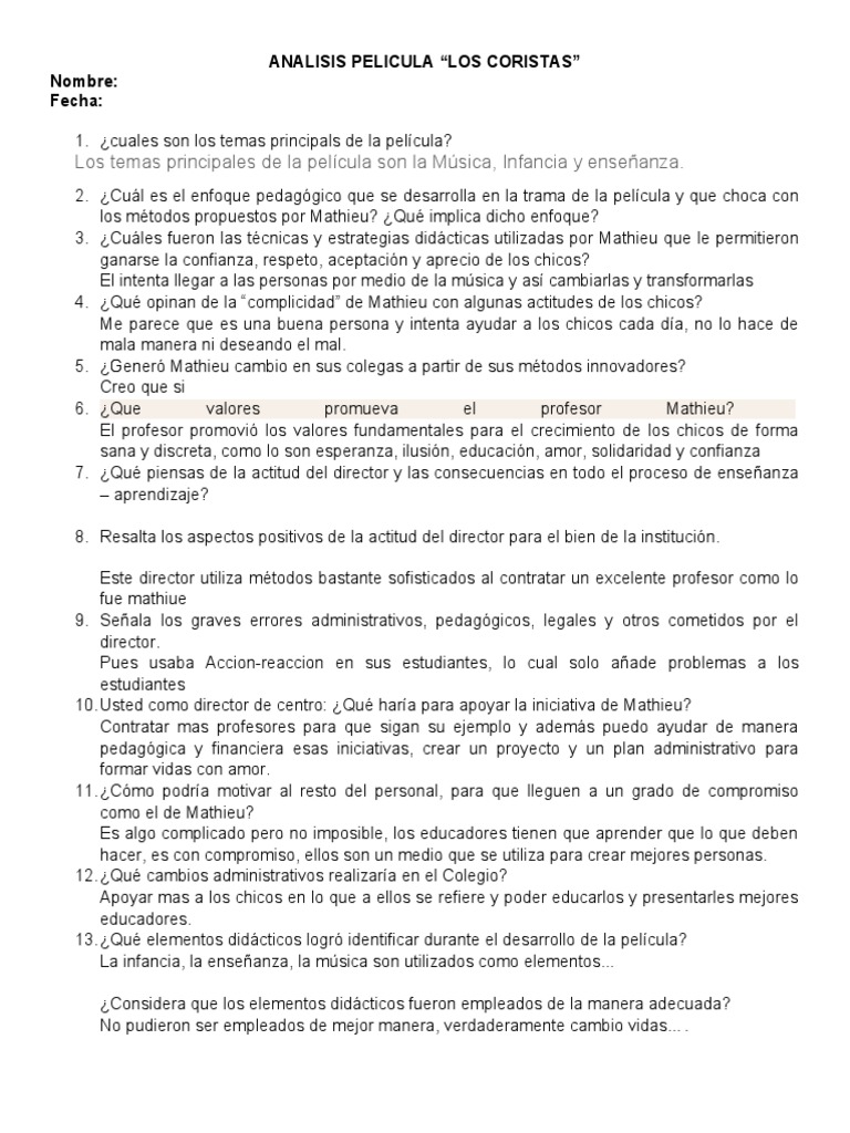 Analisis Pelicula Los Coristas Yerson Alexander Portela | PDF ...