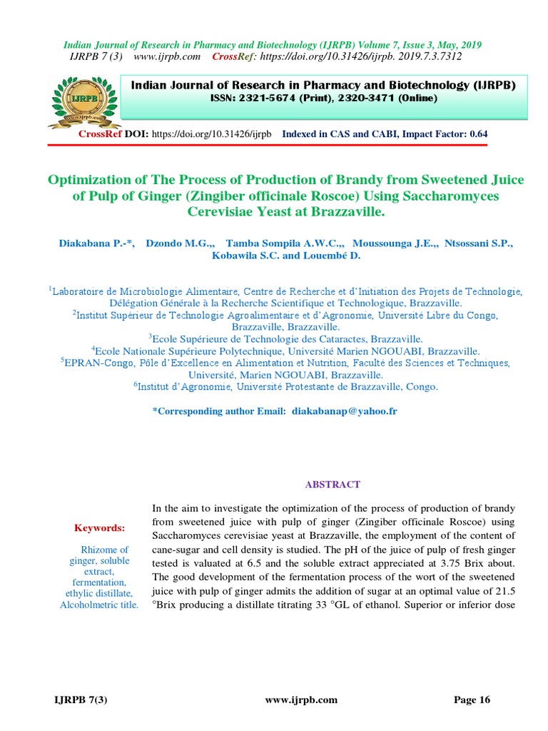 Optimization of Ginger Brandy Production Process | PDF | Yeast | Ethanol