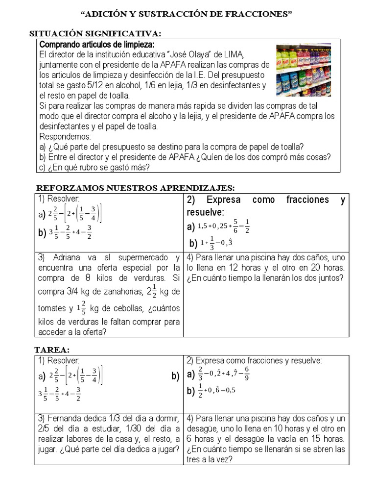 Adición y Sustracción de Fracciones Fichas | PDF