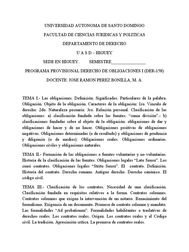 Programa Provi. Obligac. 1 | PDF | Intención (Derecho Penal) | Derecho privado