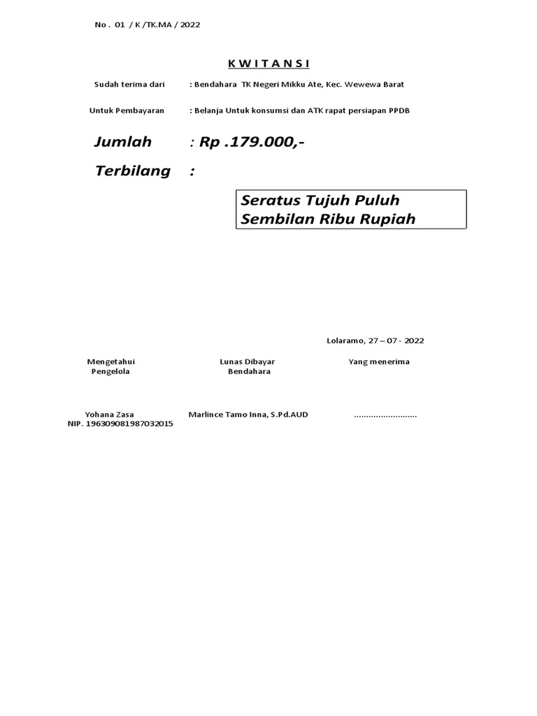 Ma Kwitansi Bop Tahap I 2022 | PDF
