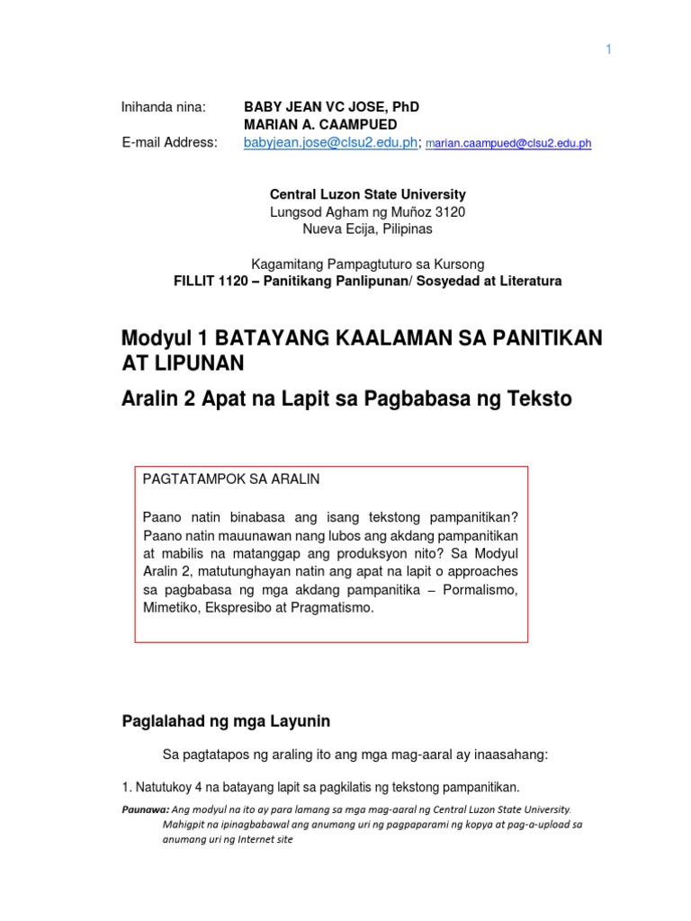 FILLIT - Modyul 1 - Aralin 2 Apat Na Lapit Sa Teksto | PDF