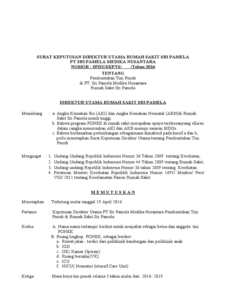 Pembentukan Tim Ponek RS Sri Pamela | PDF