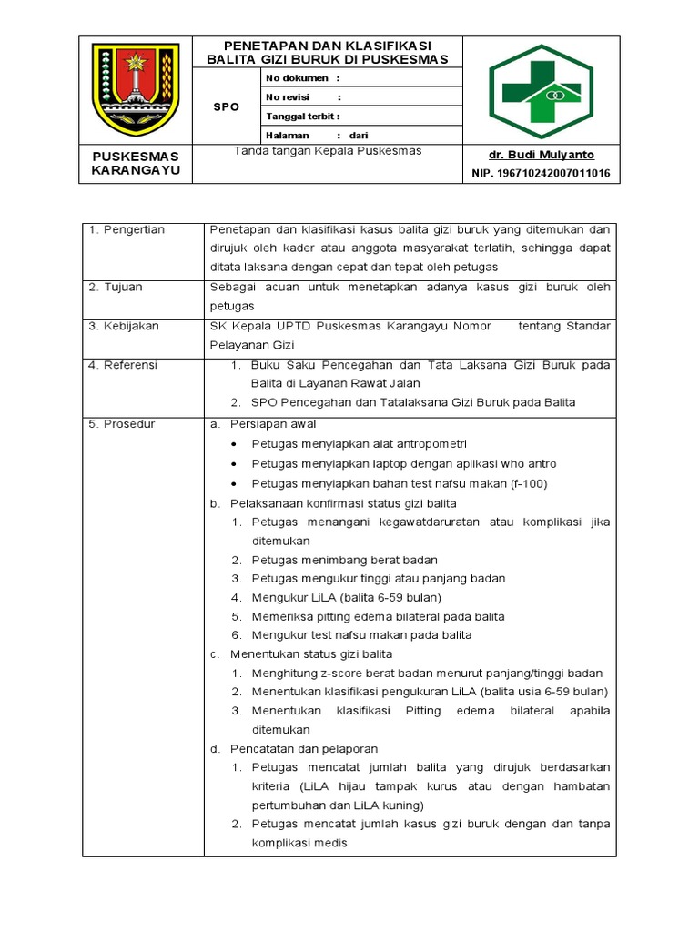Spo Penetapan Dan Klasifikasi Balita Gizi Buruk Di Puskesmas | PDF