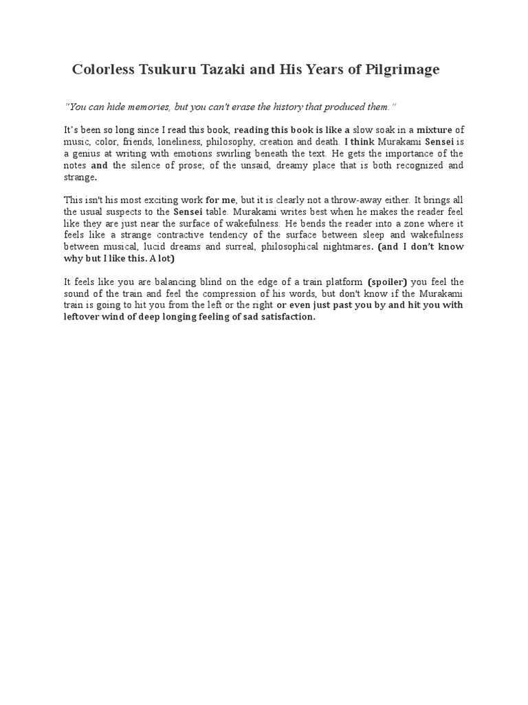 Colorless Tsukuru Tazaki and His Years of Pilgrimage | PDF
