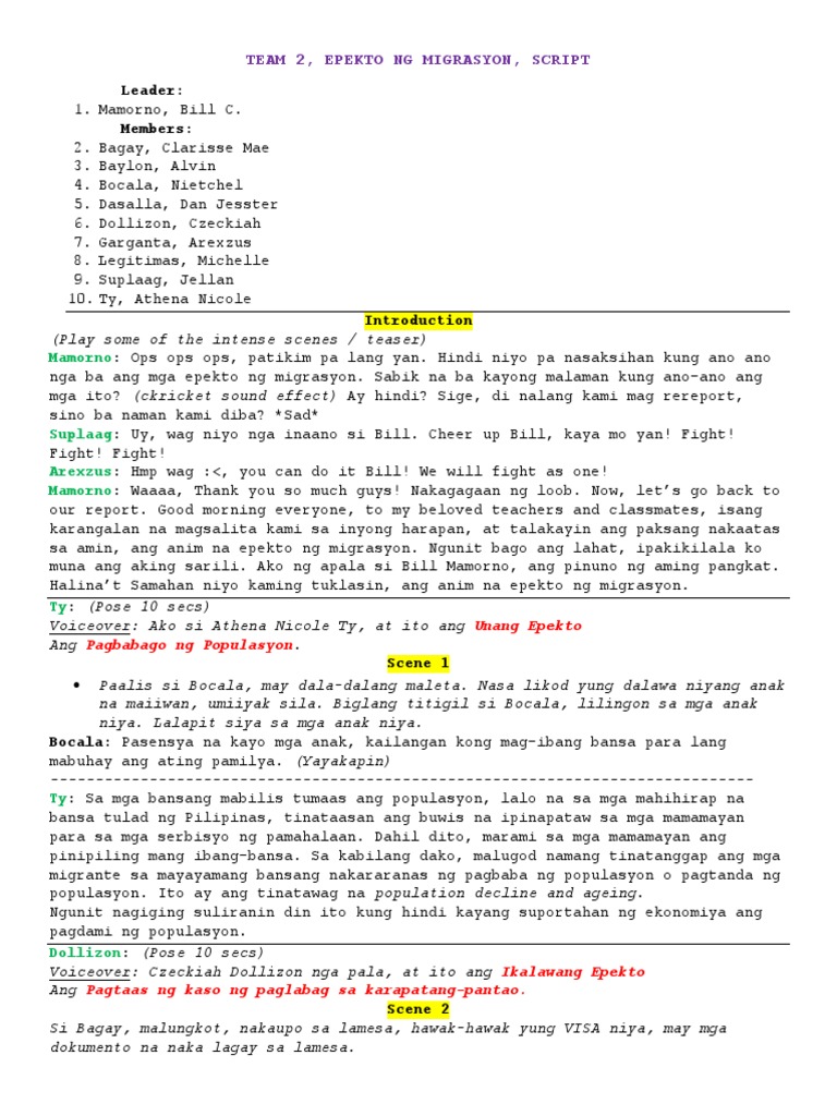 Team 2, Epekto NG Migrasyon, Script | PDF