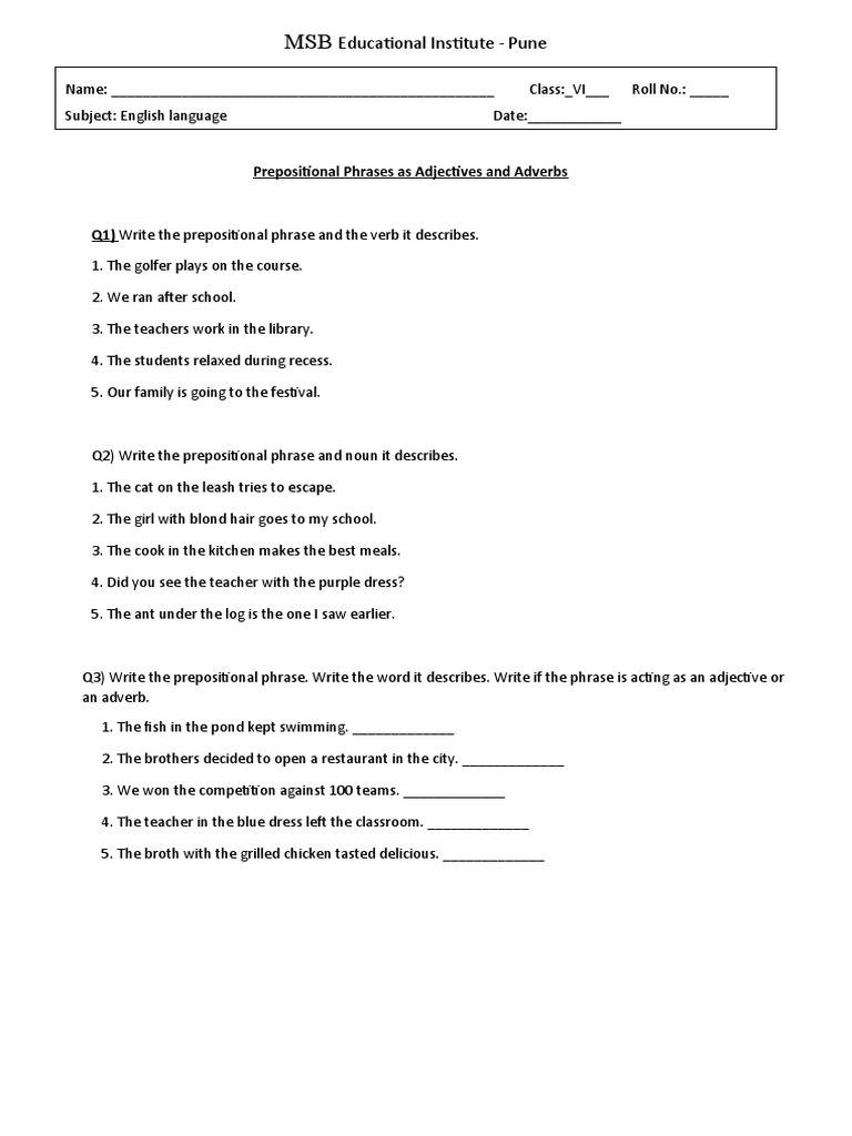 Worksheet - Prepositional Phrases | PDF