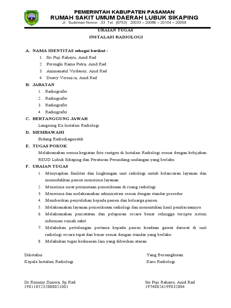 Tugas Radiografer RSUD Lubuk Sikaping | PDF