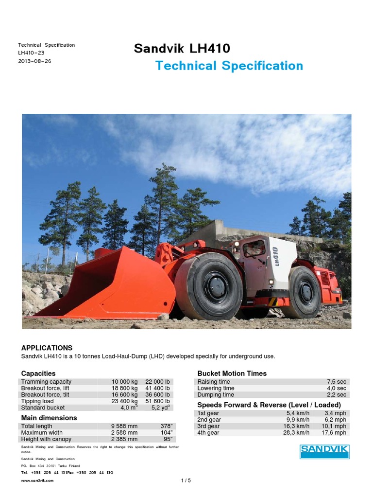 SANDVIK - LOADER - LH410-23, Technical Specification Sheet | PDF ...