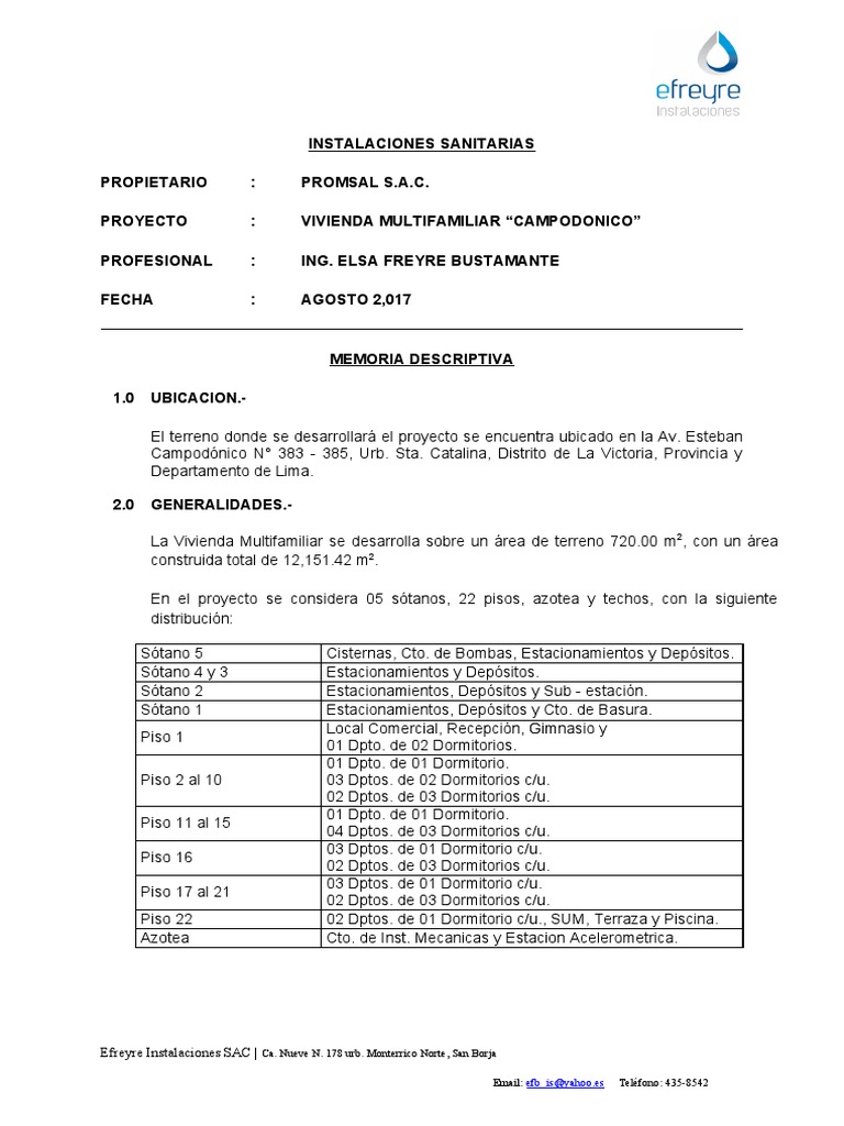 Proyecto Residencial - Memoria Descriptiva Sanitarias | PDF | Agua | Tubería (transporte de fluidos)