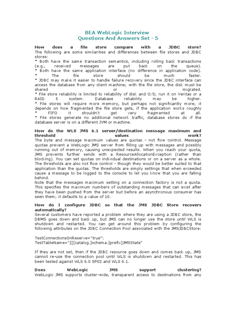 Bea Weblogic Interview Questions And Answers Set 5 Pdf Enterprise Java Beans Data Management