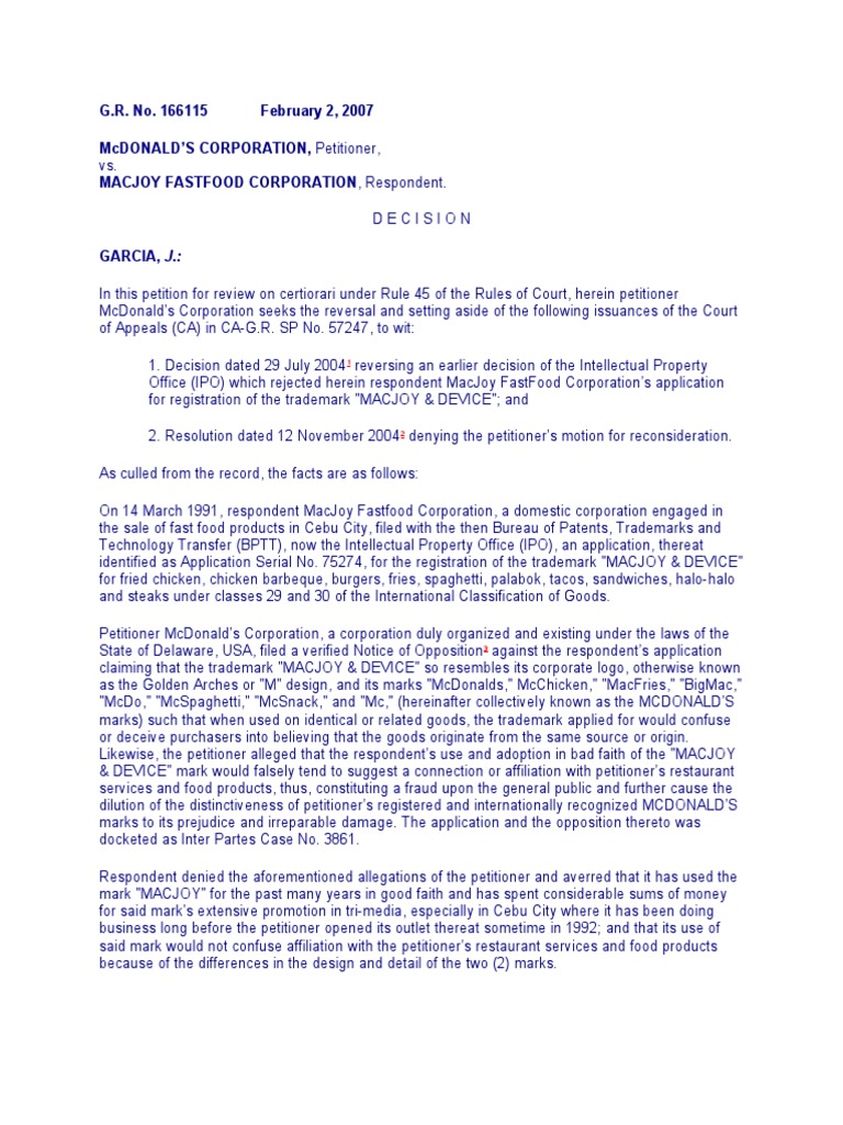 10) Mcdonald's Corp. vs. Macjoy Fastfood Corporation, G.R. No. 166115 ...