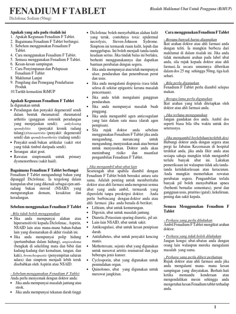 Fenadium F Tablet Diclofenac SUNWARD PHARMACEUTICAL SDN BHD 24mar2016 ...