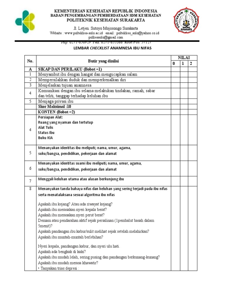 Checklist Anamnesa Ibu Nifas | PDF
