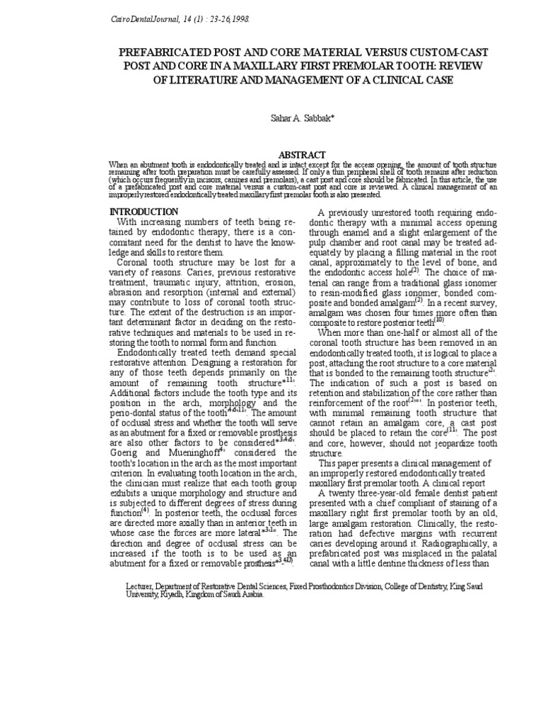 Prefabricated Post And Core Material Versus Custom-Cast Post And Core ...