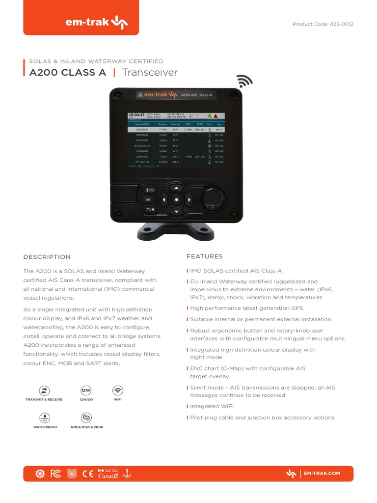 Em-Trak Product Datasheet A200 | PDF | Information And Communications Technology | Equipment