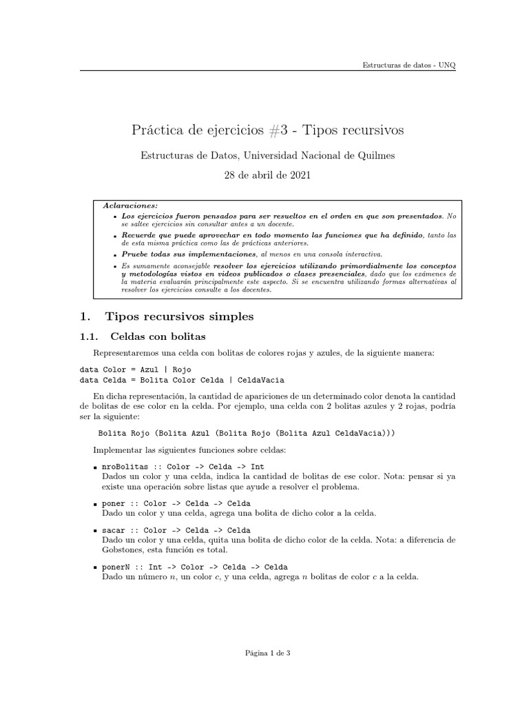 Practica 3 Tipos Algebraicos Recursivos | PDF | Algoritmos y ... Practica 3 Tipos Algebraicos Recursivos | PDF | Algoritmos y ...
