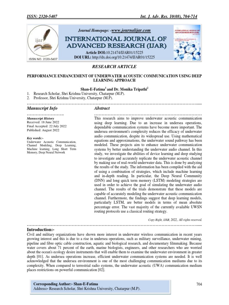Performance Enhancement of Underwater Acoustic Communication Using Deep Learning Approach ...