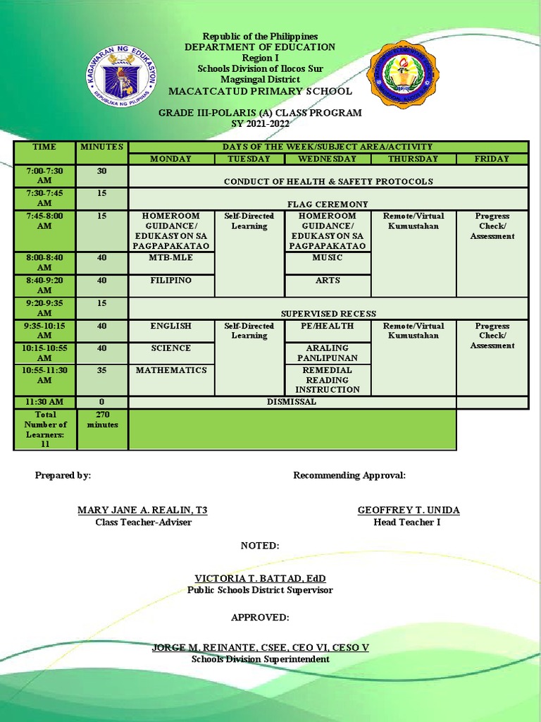 Class Program 2022 Grade 3 Checked | PDF | Learning