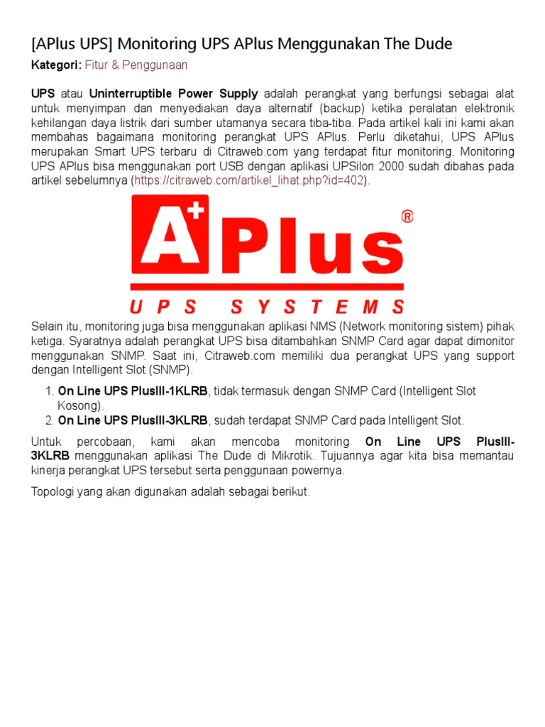 Mikrotik - ID - (APlus UPS) Monitoring UPS APlus Menggunakan The Dude | PDF