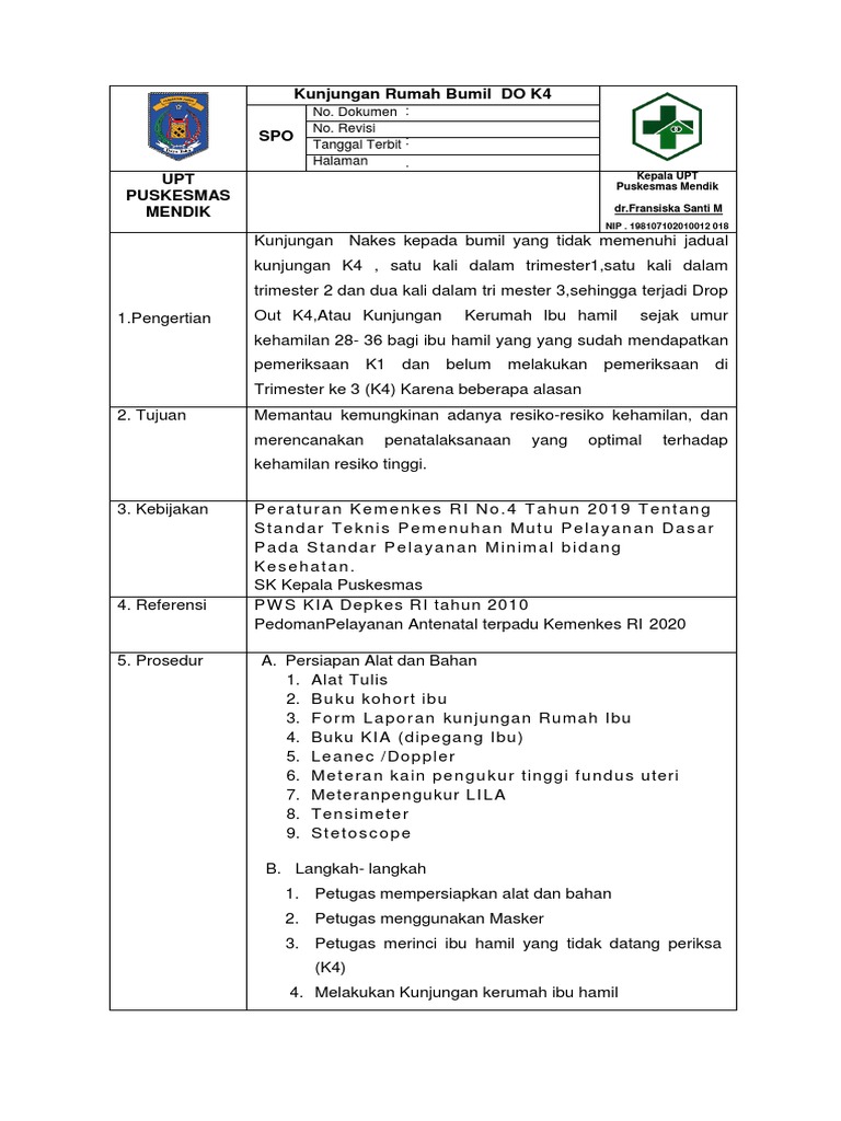 SOP Kunjungan Rumah Bumil K4 | PDF