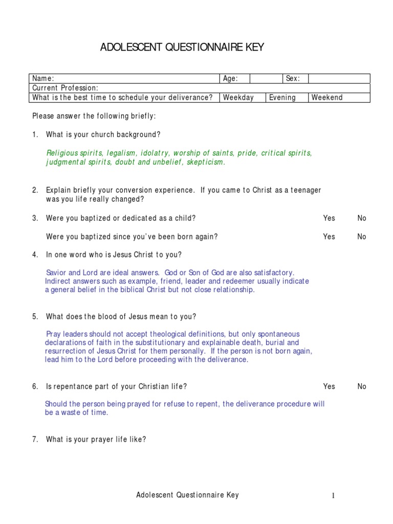 Adolescent Questionnaire Key | PDF | Witchcraft | Born Again